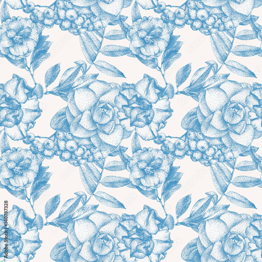 Seamless pattern with different flowers and plants drawn by hand with ...