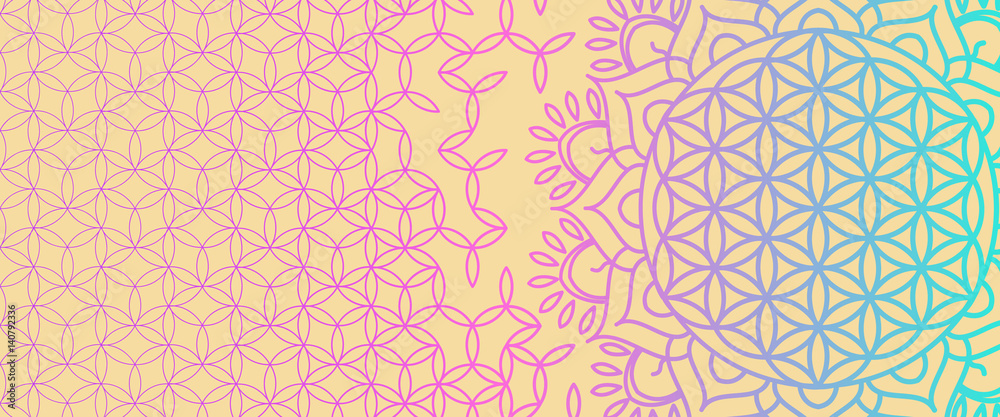 Long horizontal banner with the symbol of the Flower of Life ...