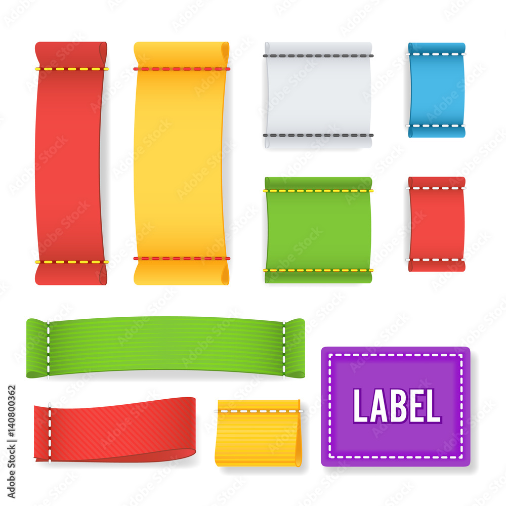 Color Label Fabric Blank Vector. Realistic Set Bright Blank Fabric ...