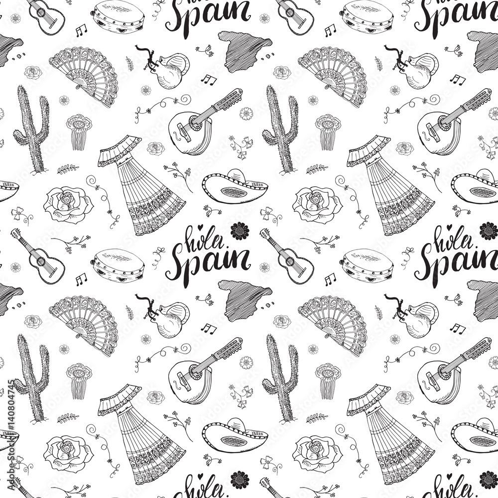 Spain seamless pattern doodle elements, Hand drawn sketch spanish ...