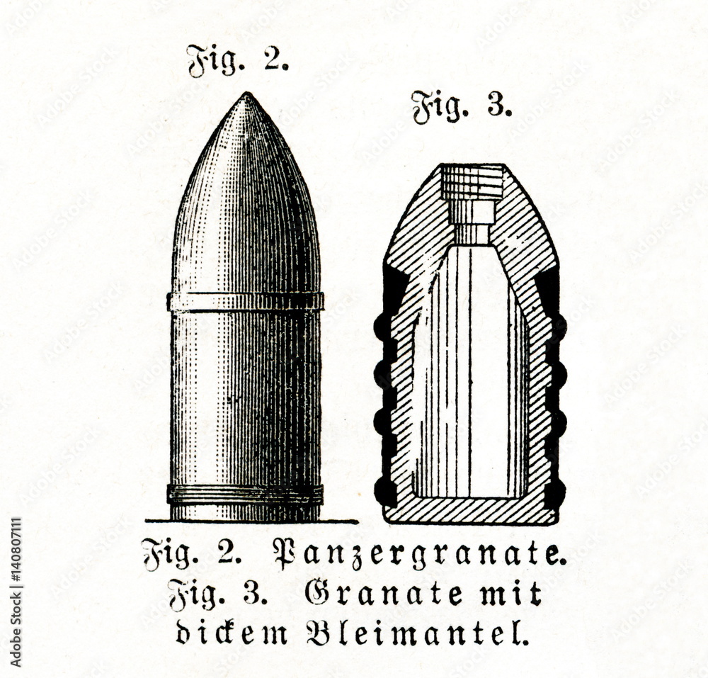 Armor-piercing shell (left) and lead-sheathed shell (from Meyers ...