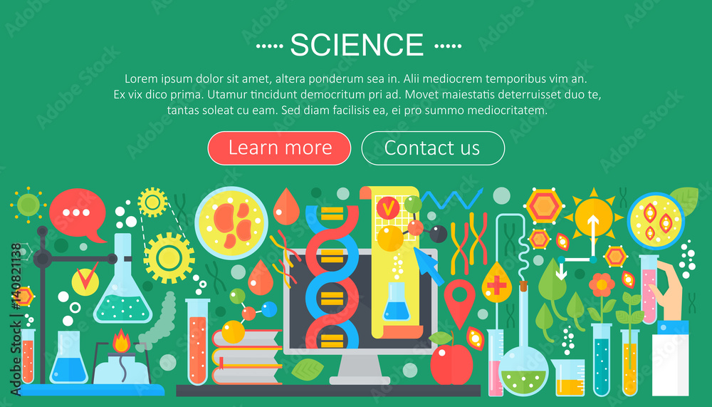 Flat design concept of science. Horizontal banner with scientist ...
