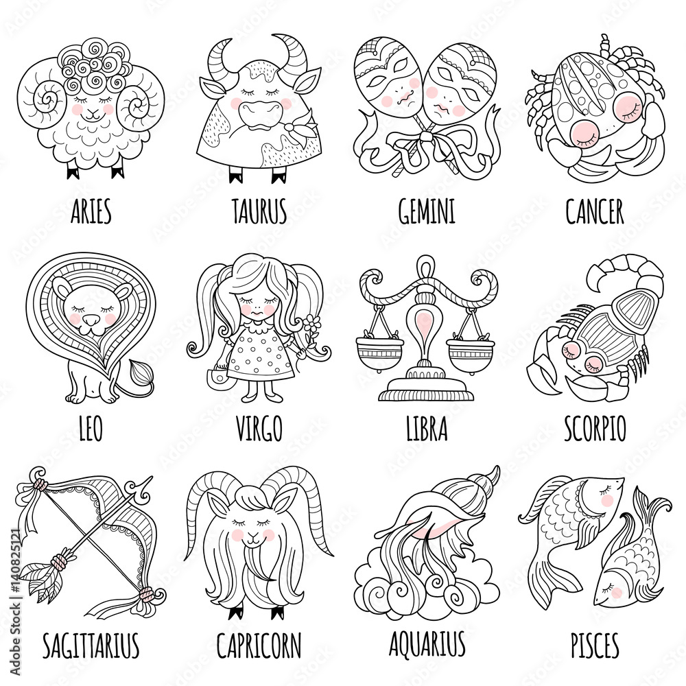 Set illustration with cartoon zodiac signs. Freehand drawing Stock ...