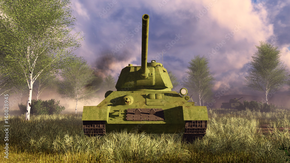 Closeup front view of legendary soviet tank T-34 on field of Second ...