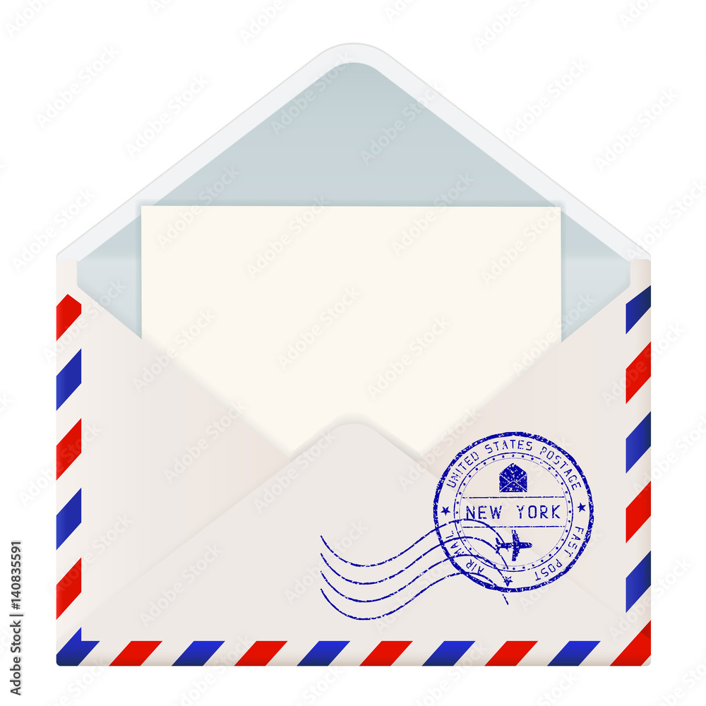 Open international mail envelope with New York stamp and letter inside ... Open international mail envelope with New York stamp and letter inside ...