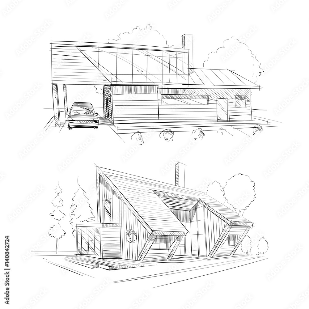 Hand drawn cottage house sketch design set. Vector illustration Stock ...