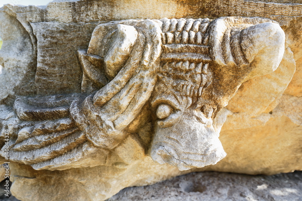 Stone-carved tragic mask. Largest Greco-Roman theater in Lycia. Myra ...