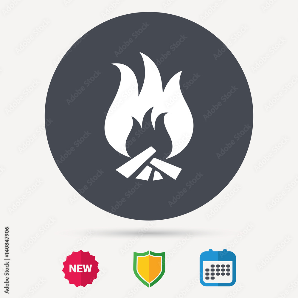 Fire icon. Blazing bonfire flame symbol. Calendar, shield protection ...