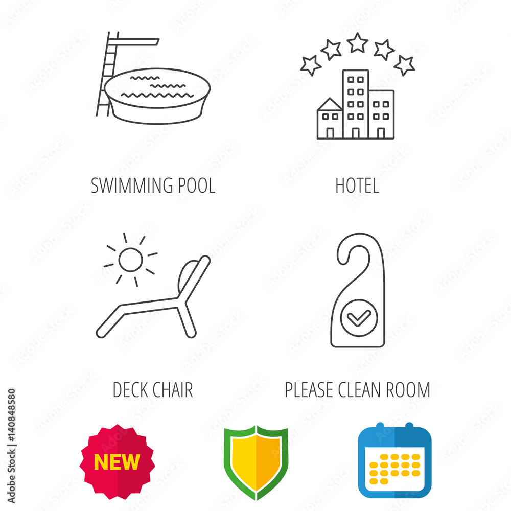Hotel, swimming pool and beach deck chair icons. Clean room linear sign ...