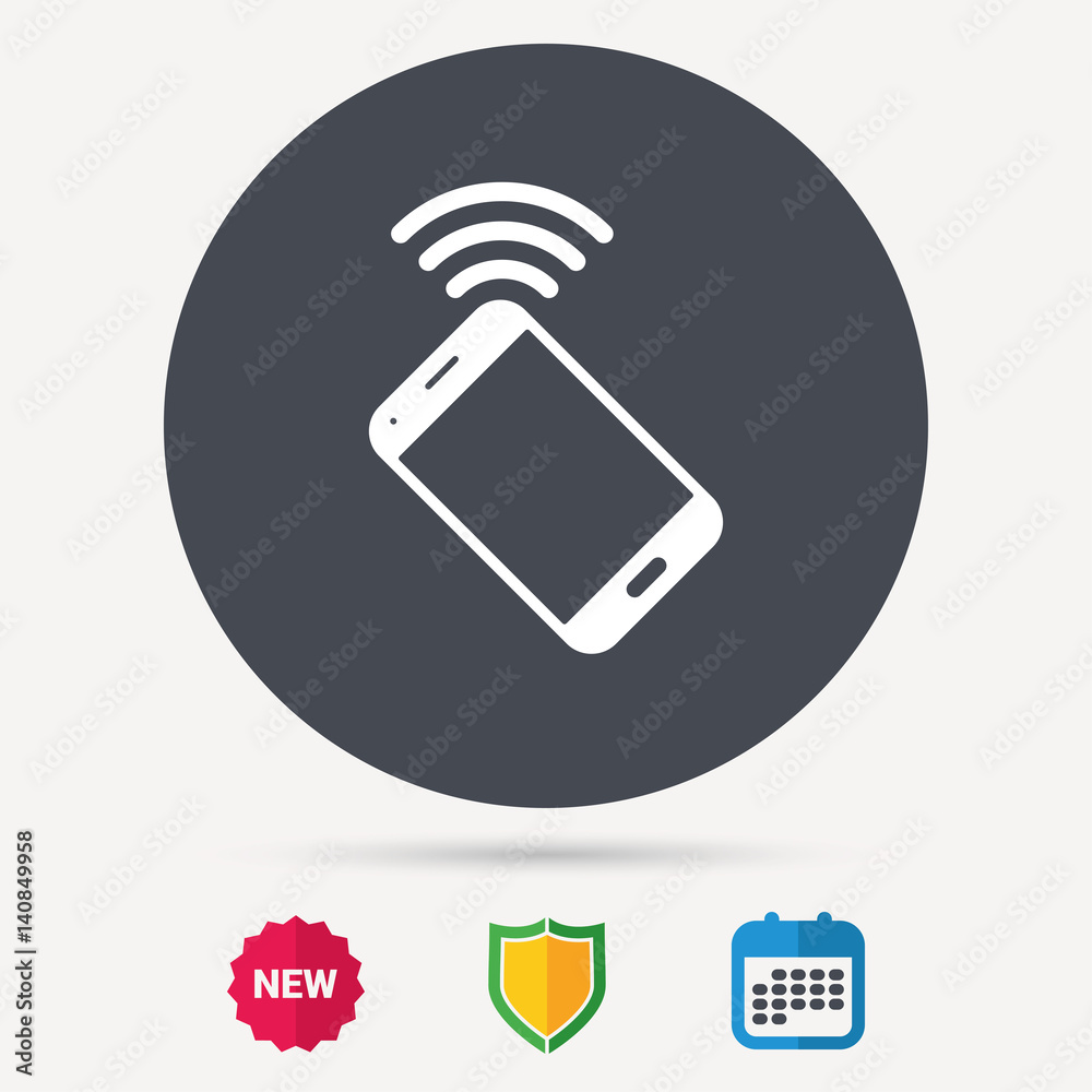 Cellphone icon. Mobile phone communication symbol. Calendar, shield ...