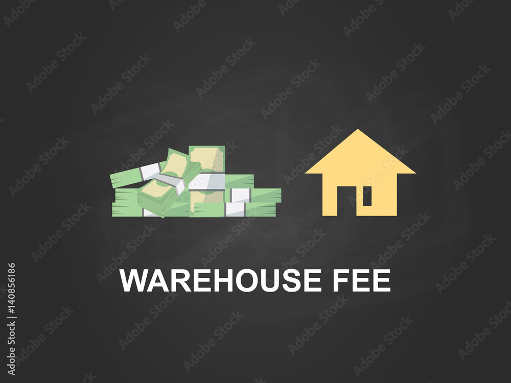 warehouse fee white text illustration with money heap and yellow house ...