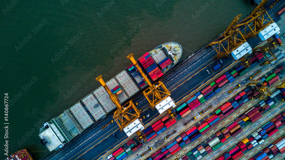 Container ship in import export and business logistic by crane Stock ...