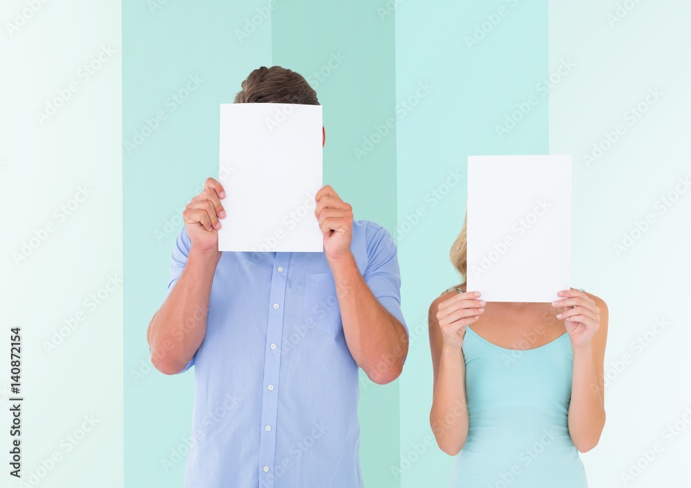 Couple covering their face with blank paper Stock Photo | Adobe Stock