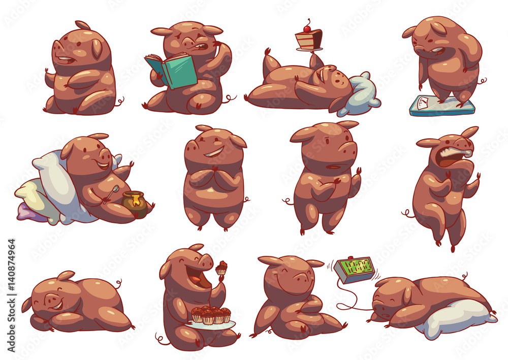 Vector set of twelve cartoon images of funny pink plump pigs in ...