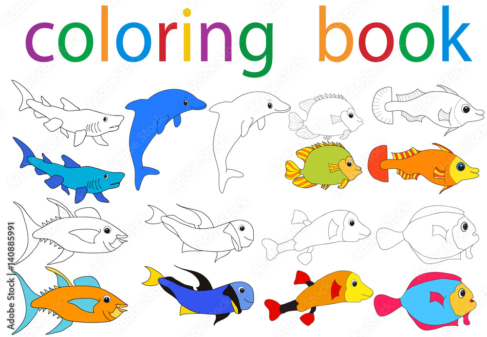 Vector, book coloring cartoon fish collection Stock Vector | Adobe Stock