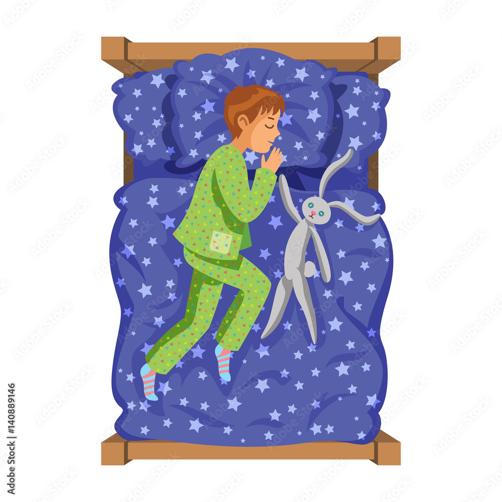 Boy sleep bedtime in his bedroom bed with toy bunny. Cartoon sleeping ...