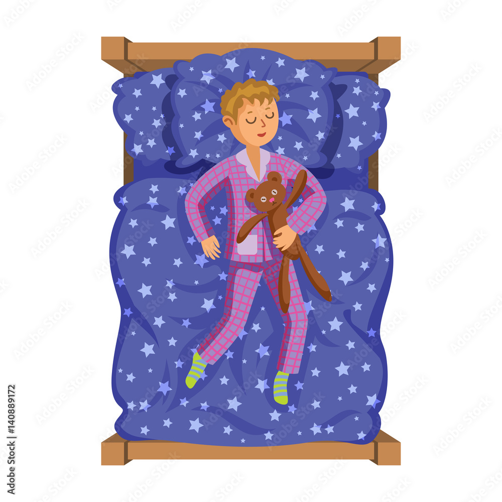 Cartoon smile little boy sleeping in the bed with teddy bear. Sweet ...