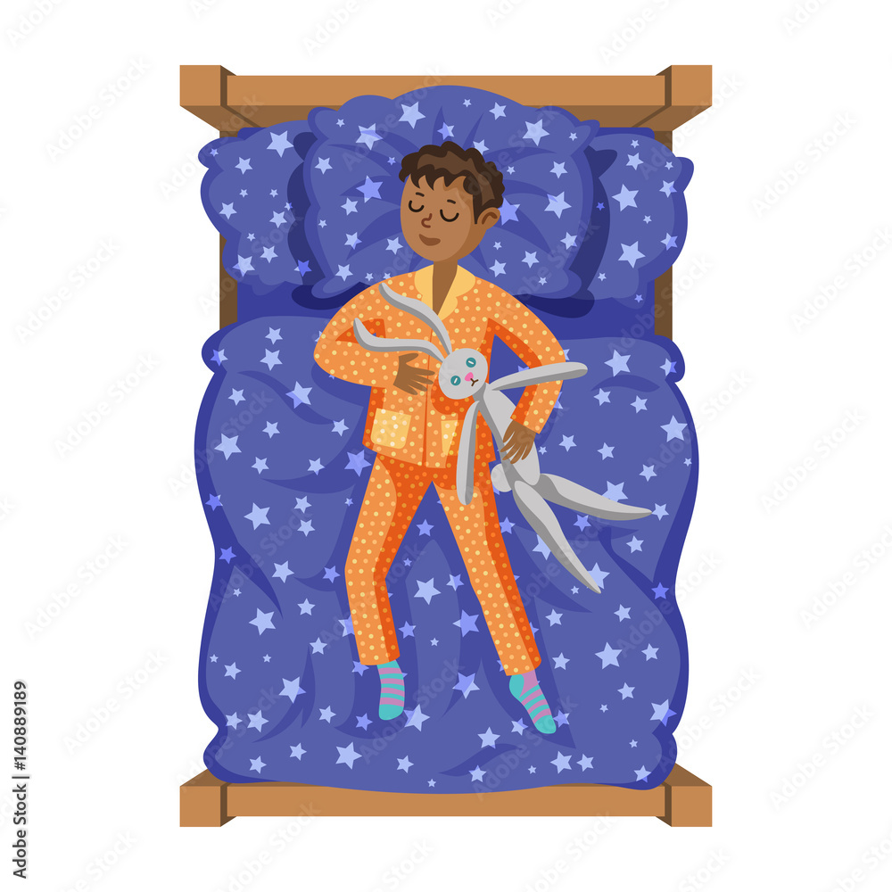 Sleeping brunette baby boy with toy bunny. Bedtime. Cartoon character ...