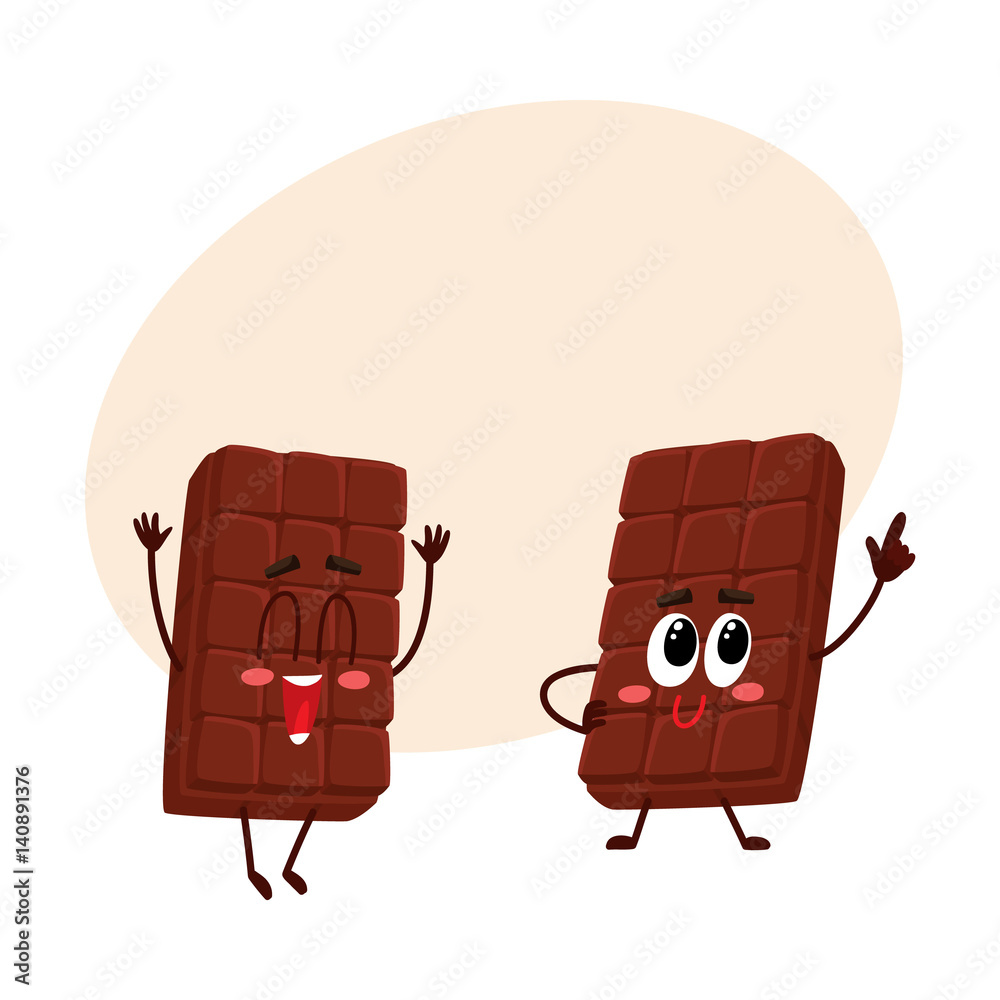 Two funny chocolate bar characters, one jumping excitedly, another ...