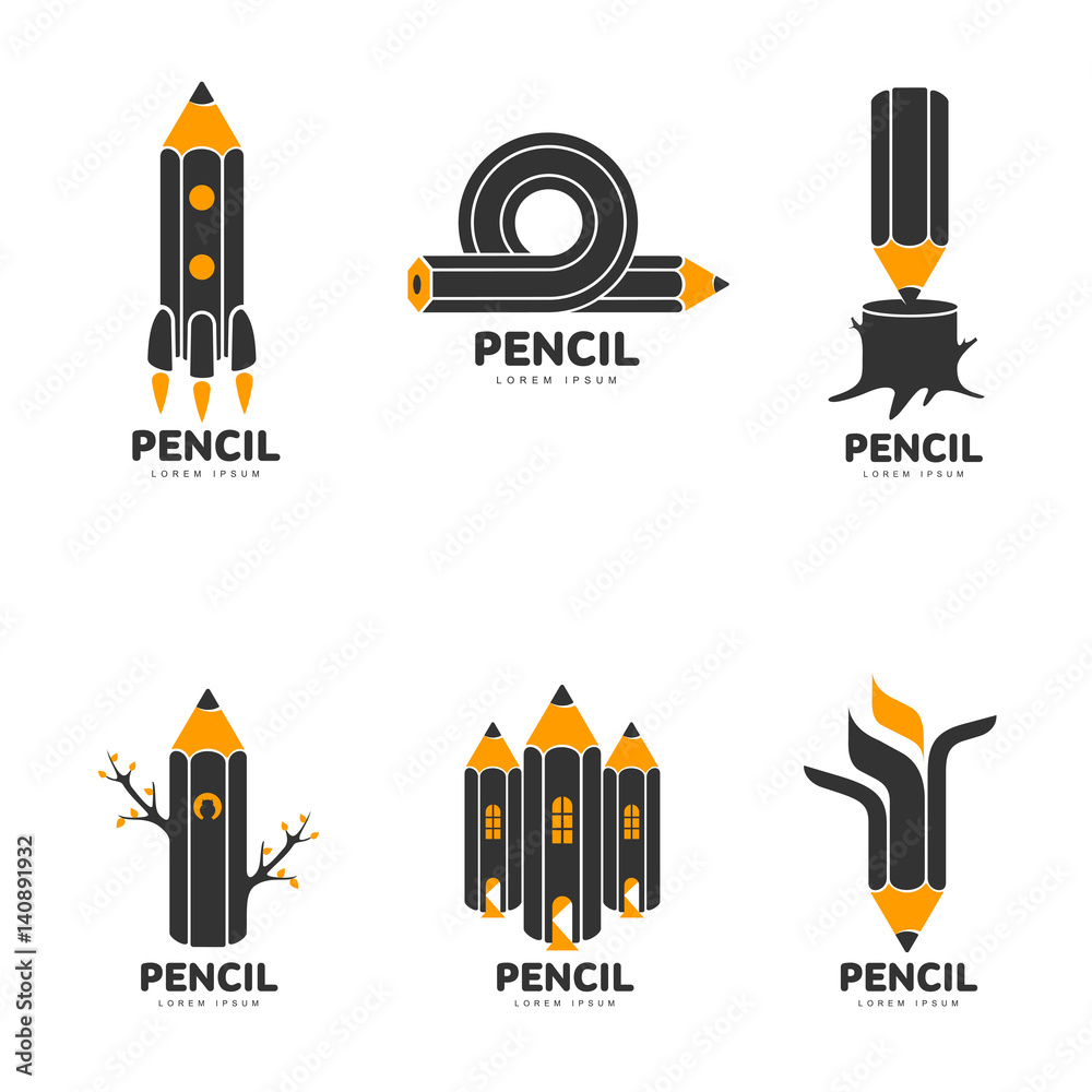 Set of graphic, black, white and yellow creative pencil logo templates ...