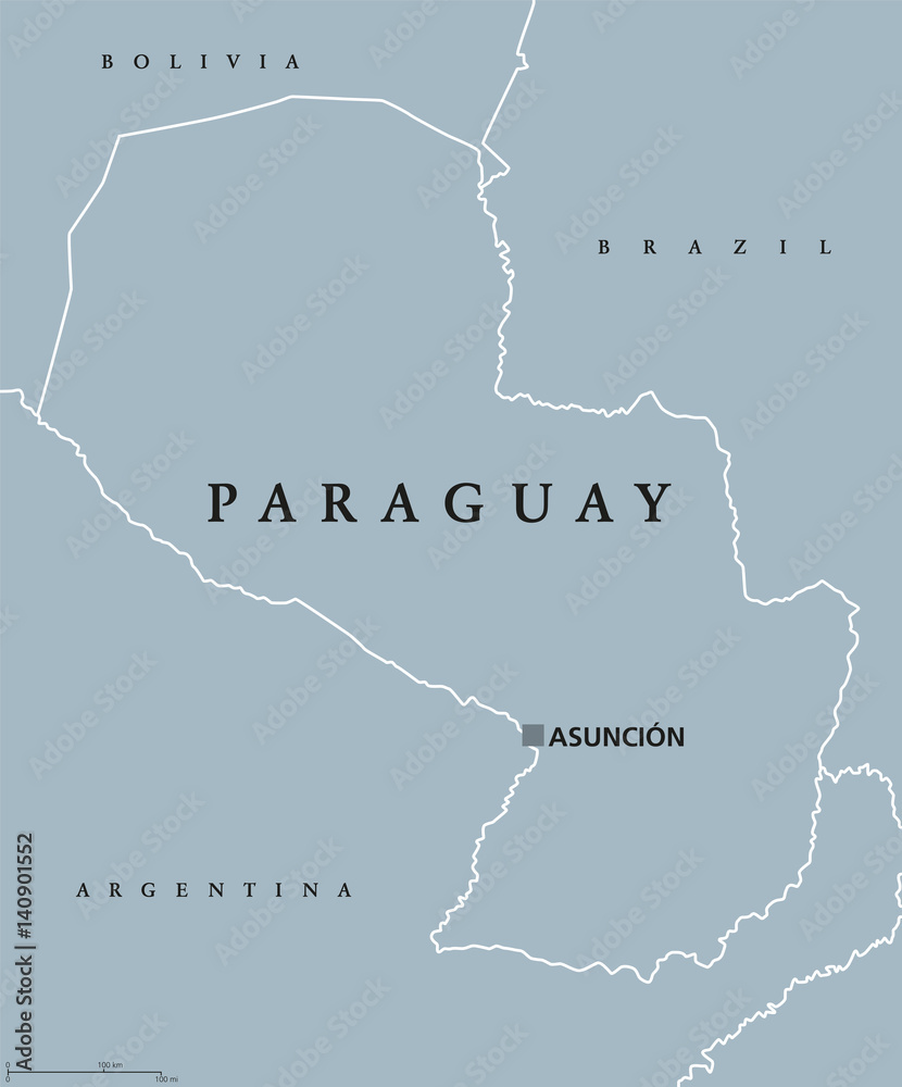 Paraguay political map with capital Asuncion, national borders and ...