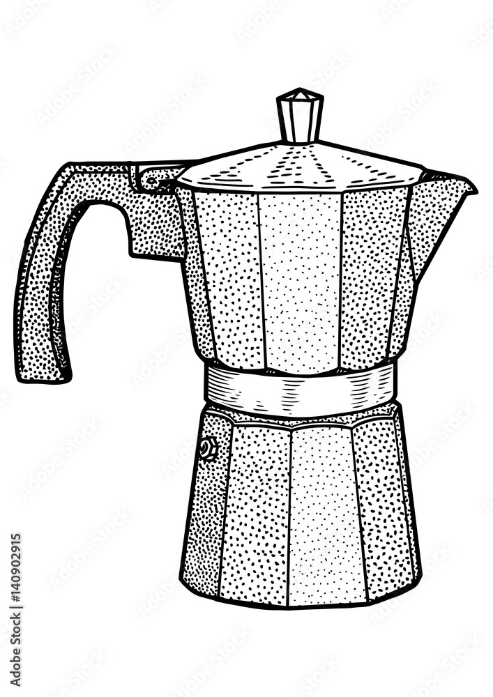 Italian coffee maker illustration, drawing, engraving, ink, line art ...