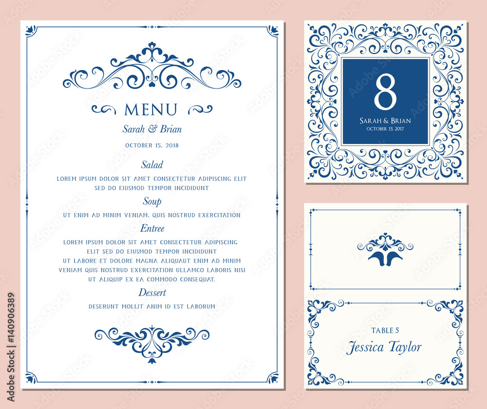Ornate classic templates set in vintage style. Wedding menu, table ...