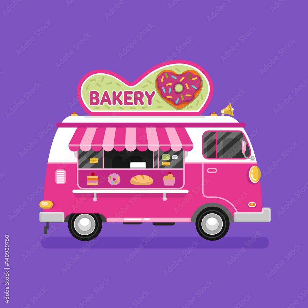 Flat design vector illustration of cartoon bakery car. Mobile retro ...