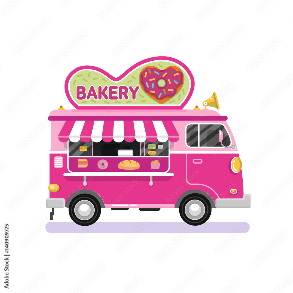 Flat design vector illustration of cartoon bakery car. Mobile retro ...