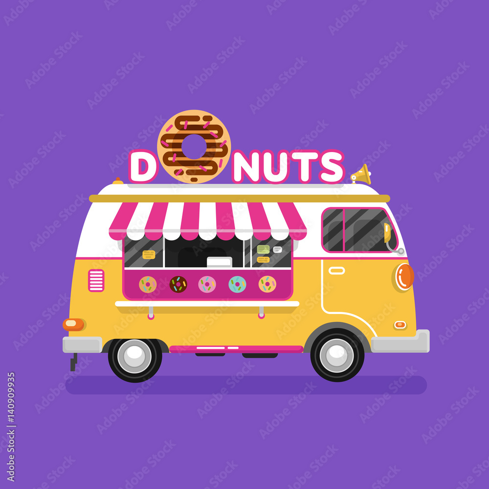 Flat design vector illustration of cartoon donuts van. Mobile retro ...