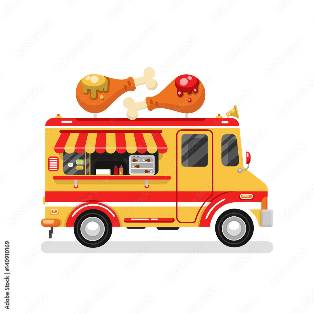 Flat design vector illustration of cartoon fried chicken car. Mobile ...