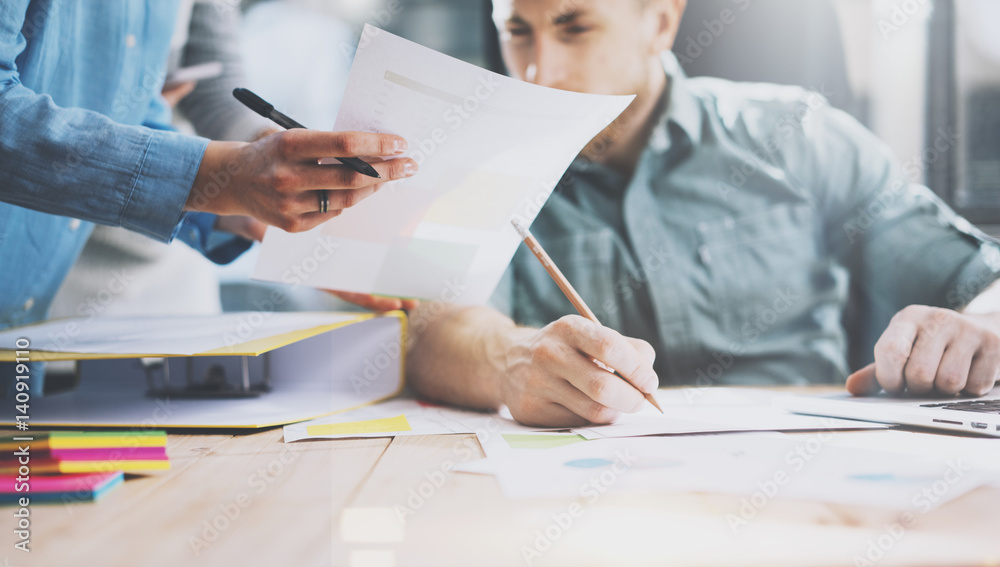 Teamwork process concept.Photo of young creative managers crew working ...