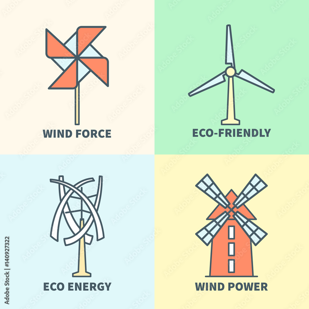 Windmill linear logo set. Eco friendly wind force sustainable energy ...
