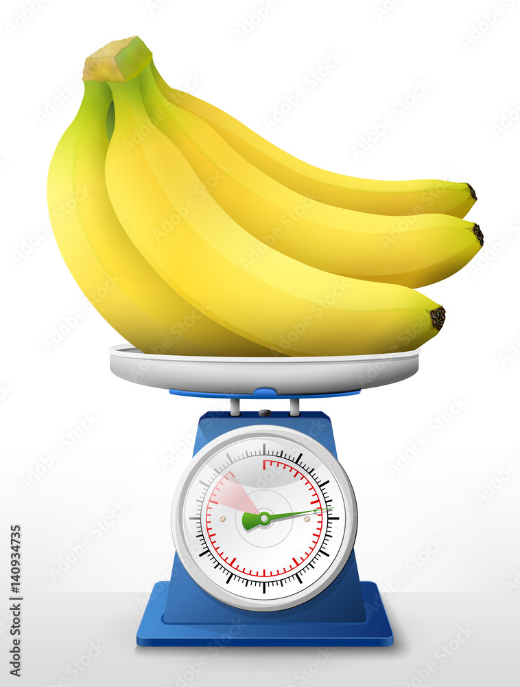 Banana fruit on scale pan. Weighing bunch of bananas on scales ...