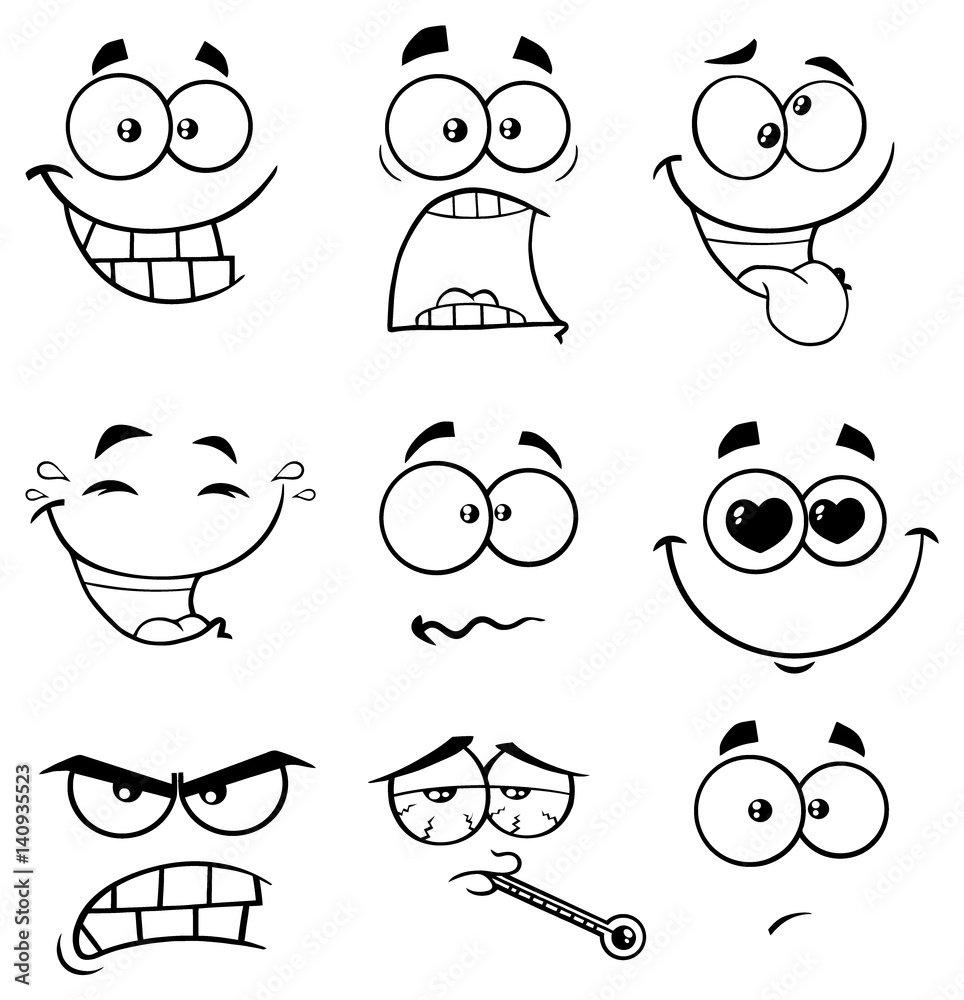 Black And White Cartoon Funny Face With Expression Set 2. Collection ...
