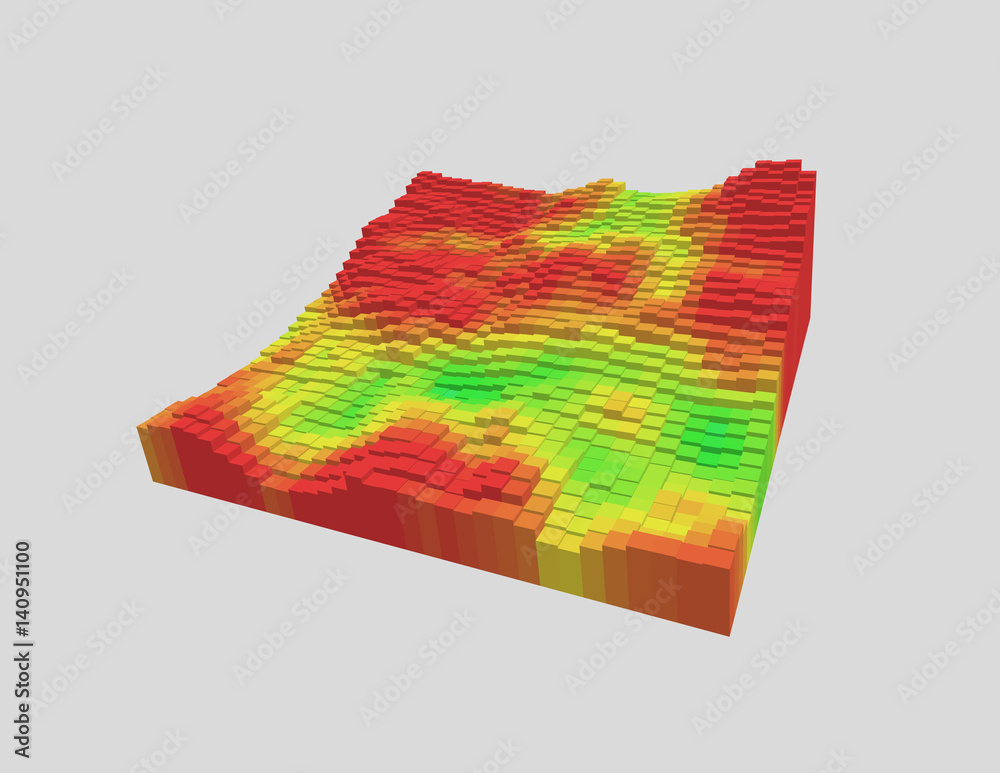 Colorful 3d voxel landscape. Heatmap surface made of rectangular blocks ...