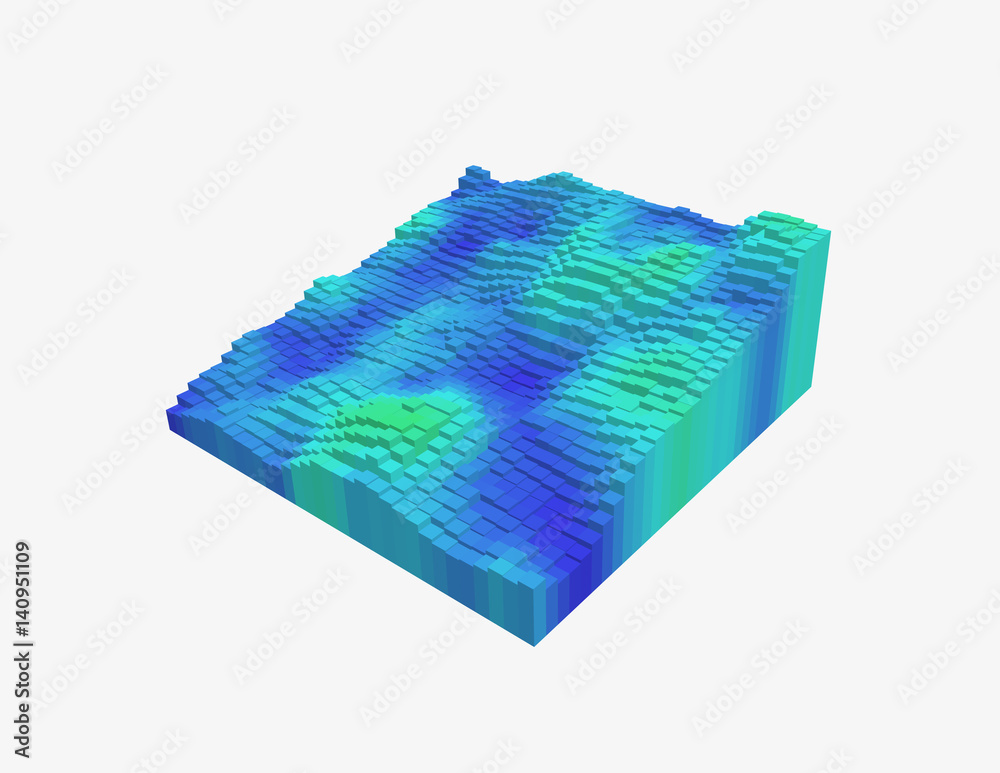 Colorful 3d voxel landscape. Heatmap surface made of rectangular blocks ...