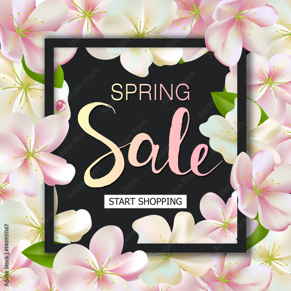 Spring sale background with flowers. Season discount banner design with ...