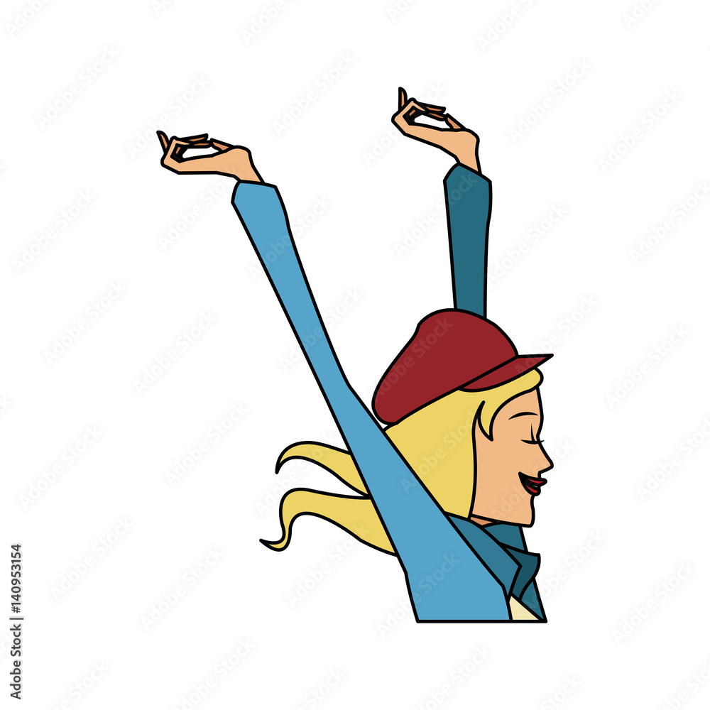 beautiful young happy blonde woman with raised arms icon image vector ...