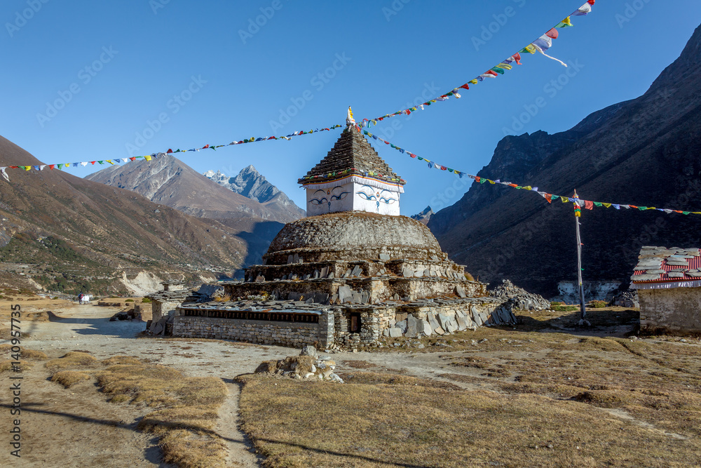 Buddhist stupa with ritual flags - Everest region, Nepal, Himalayas ...