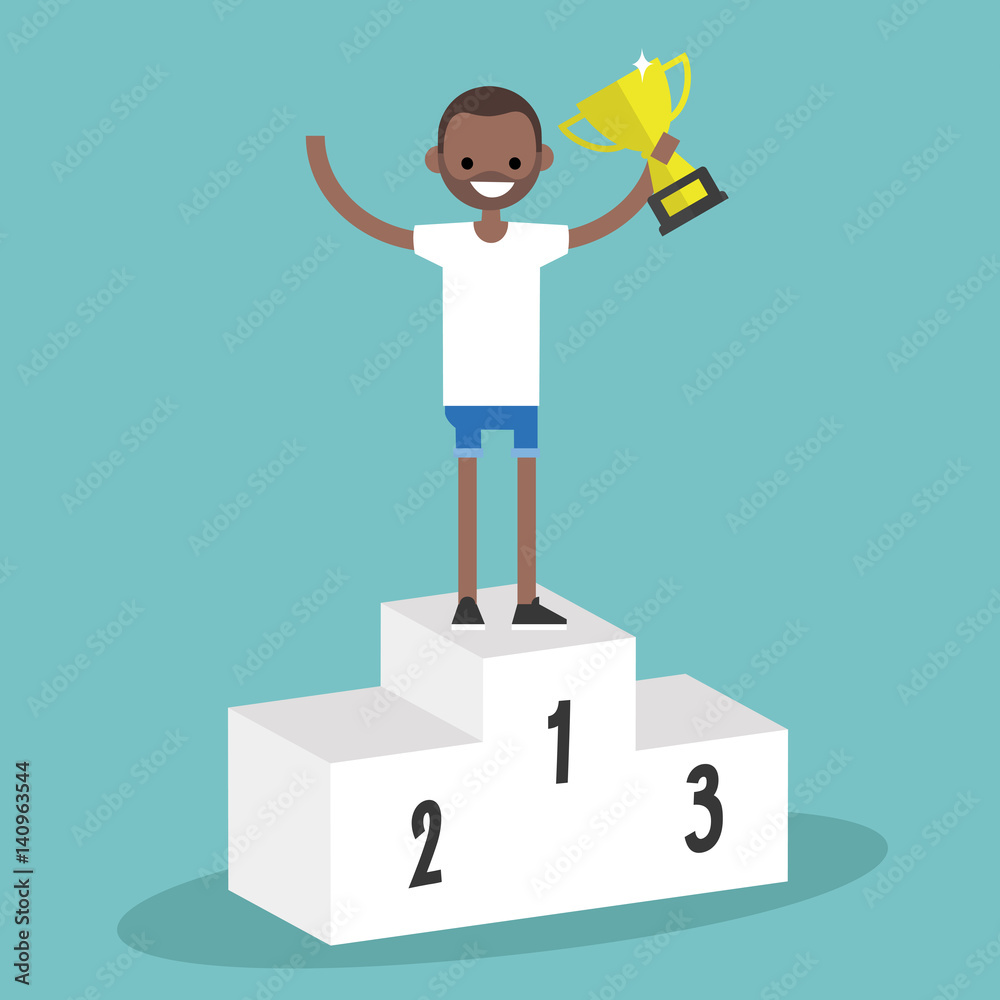 Victory conceptual illustration. Young black man standing on the ...
