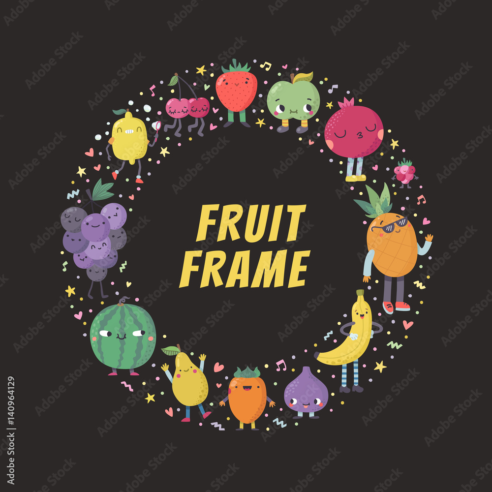 Cute cartoon fruits circle frame illustration. Stock Vector | Adobe Stock