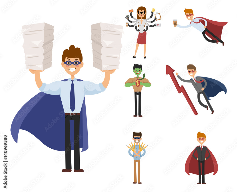 Superhero business man woman vector illustration set character success ...