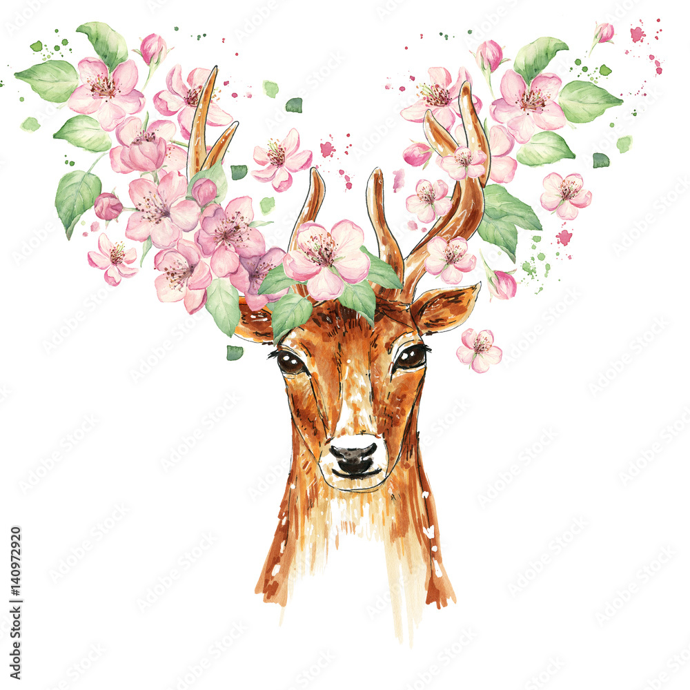Beautiful deer, big antlers, spring flowers on the horns, branches ...