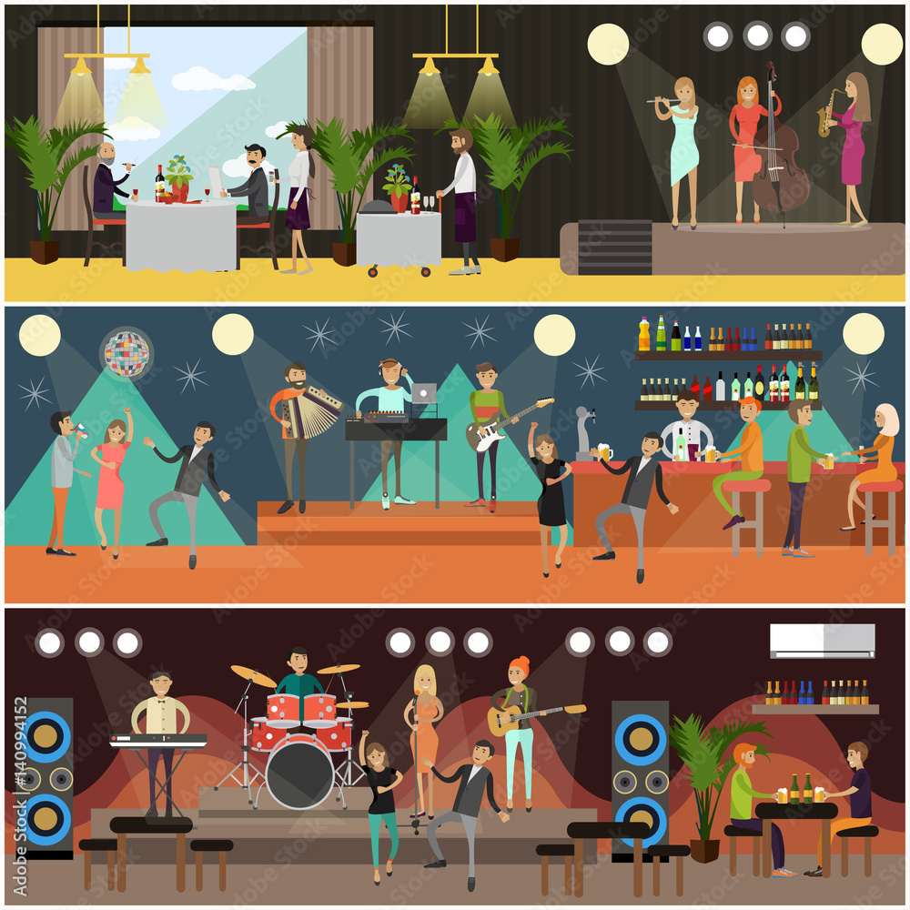Vector set of night club concerts flat posters, banners Stock Vector ...