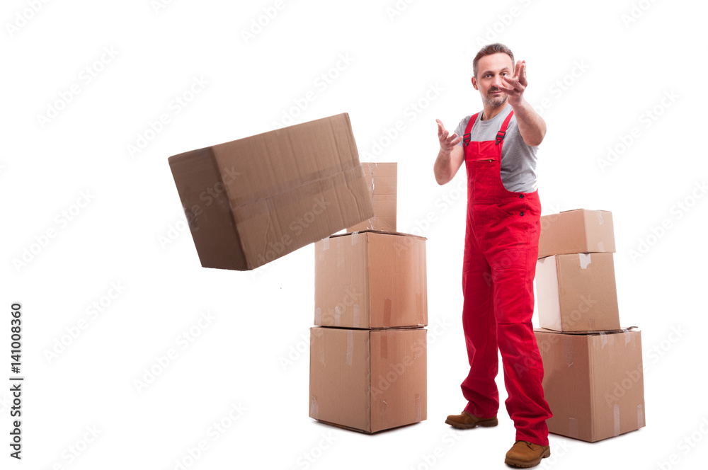 Poster Full body mover guy throwing a cardboard box – Wall Art | UkPosters