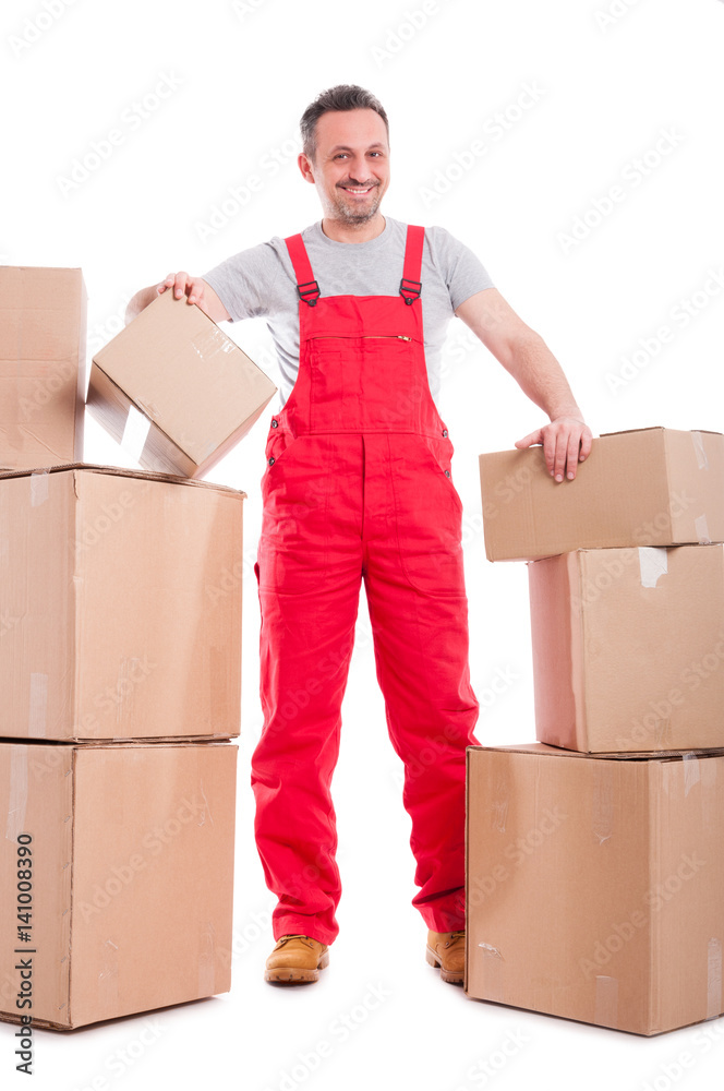 Full body guy standing around cardboard boxes Stock Photo | Adobe Stock