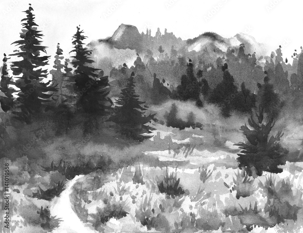 Hand Drawn Watercolor Painting of Forest Landscape. Taiga Stock ...