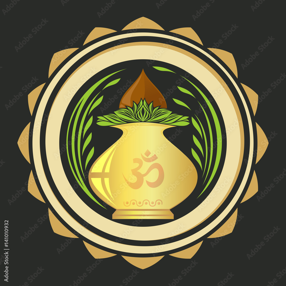 Puja Kalasha also kalash or kalasa. Metal pot used in Hindu rites and ...