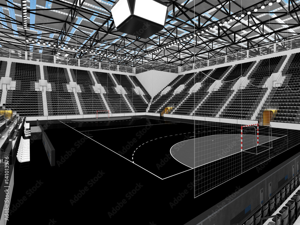 Beautiful sports arena for handball with black seats and VIP boxes ...